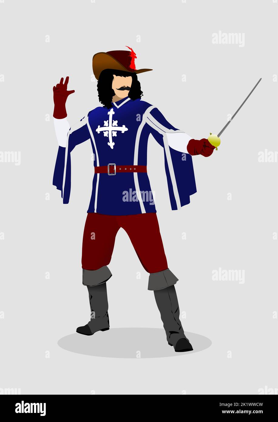 Young man with a sword dressed as musketeer. 3d vector color ...