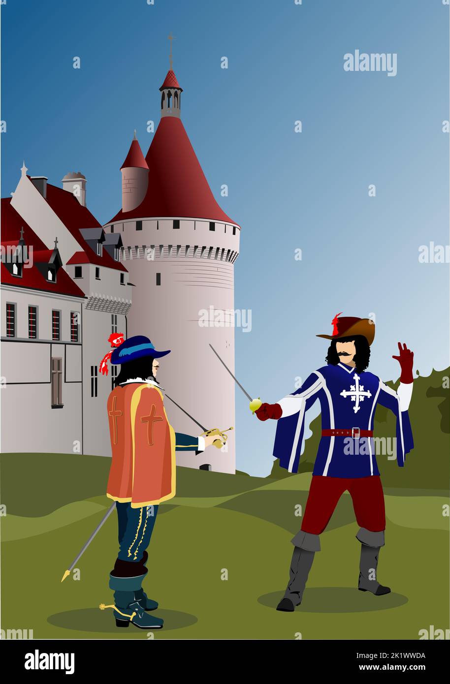 Medieval castle and musketeer with cardinal's guard.3d color vector ...