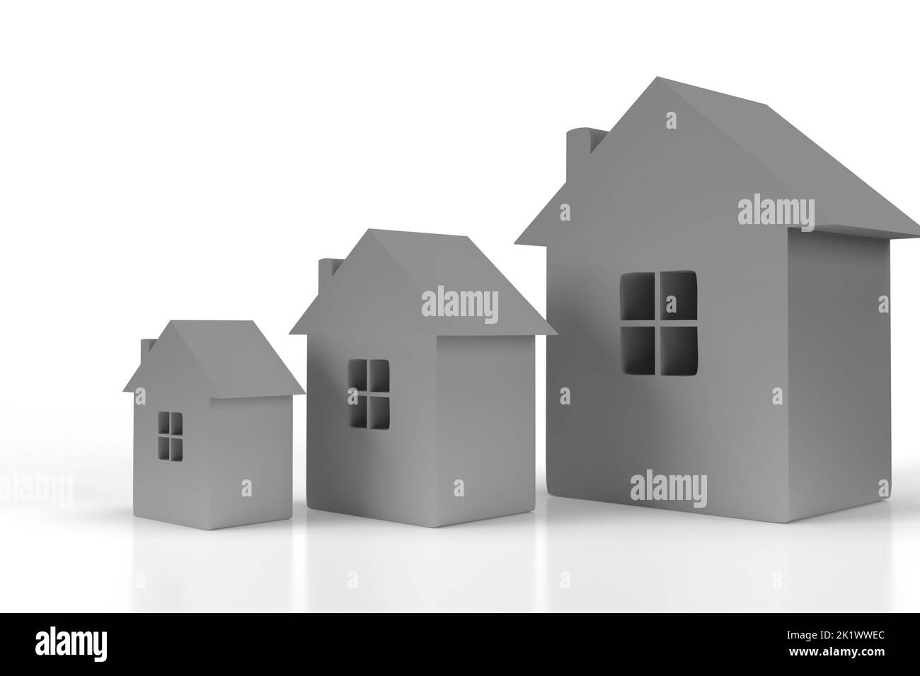 3d illustration. Three gray houses of different sizes on a white ...