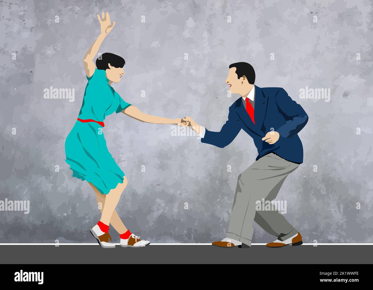 Dynamic portrait of couple of dancers in vintage retro style outfits dancing lindy hop dance ...