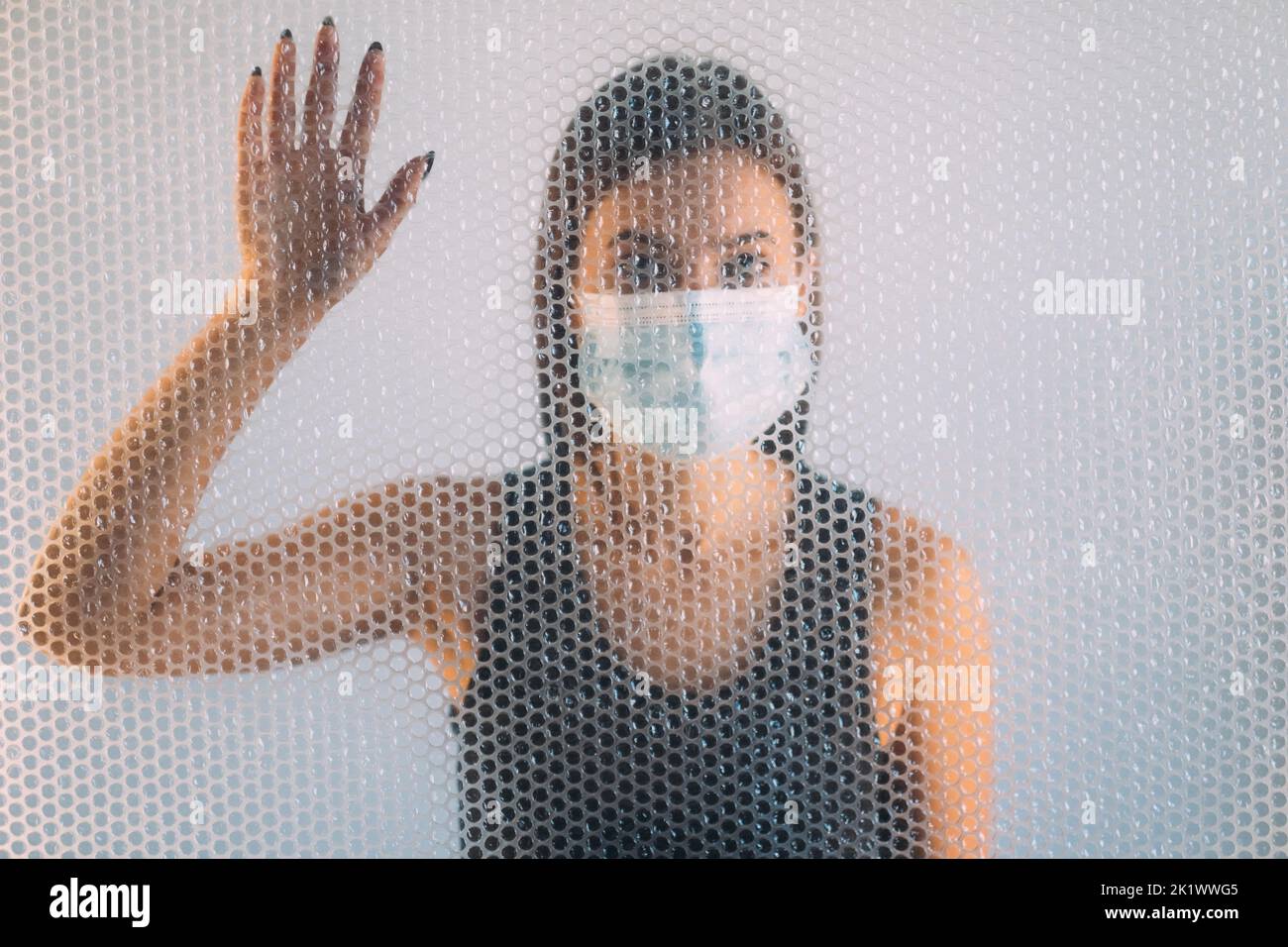Self Isolation Defocused Portrait Quarantine Loneliness Disturbed Woman In Protective Face
