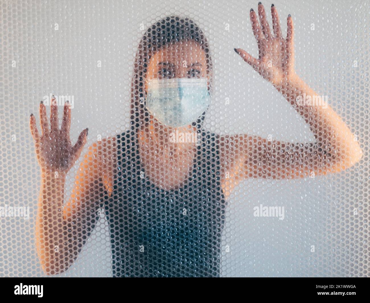 Air pollution. Defocused portrait. Ecology problem. Allergy gasp ...