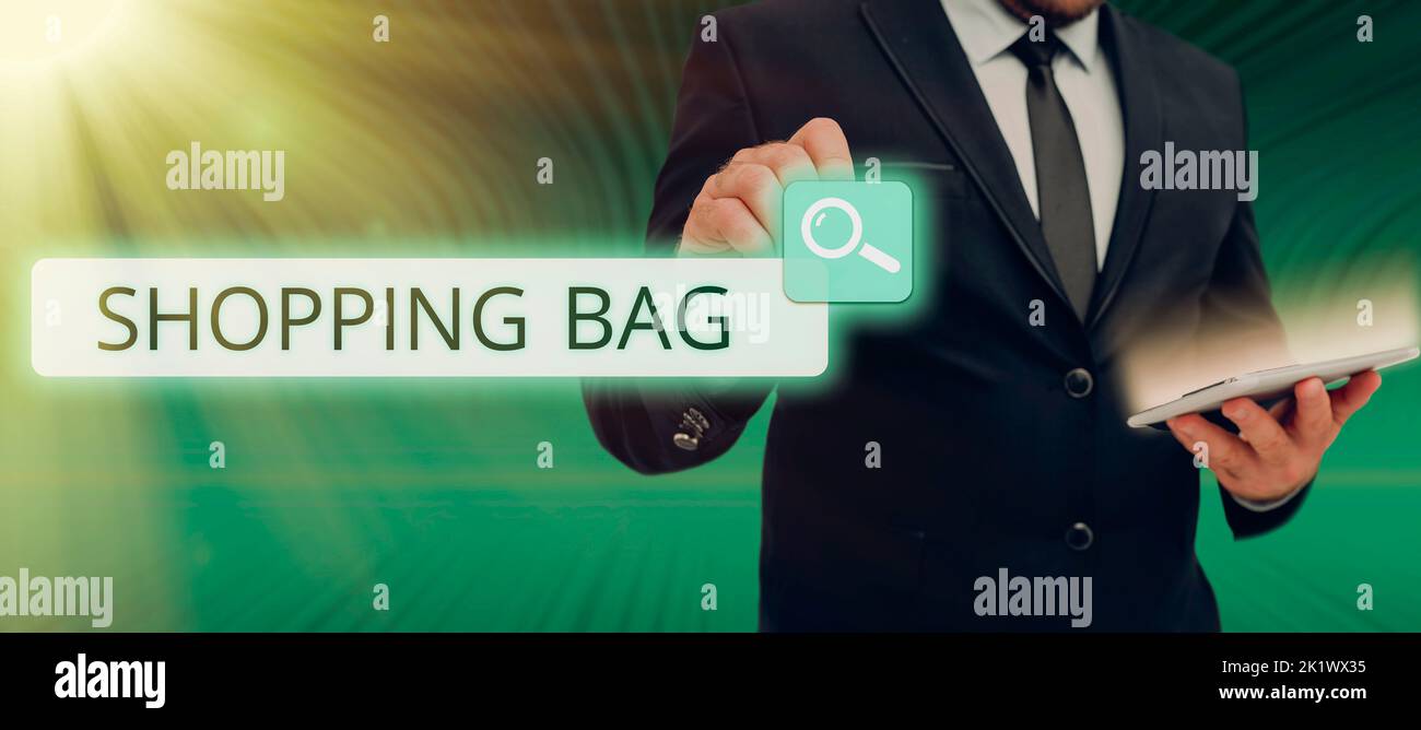 Sign displaying Shopping Bag. Business idea Containers for carrying ...