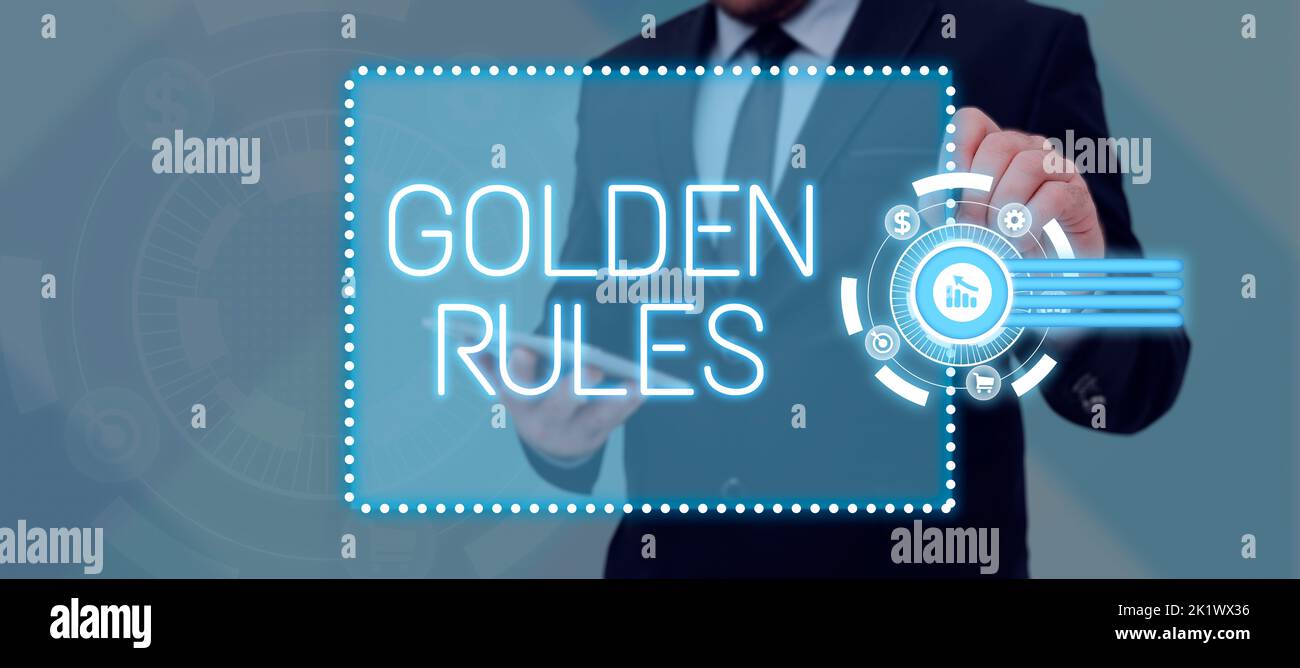 Text caption presenting Golden Rules. Business concept Basic principle that should be followed ...