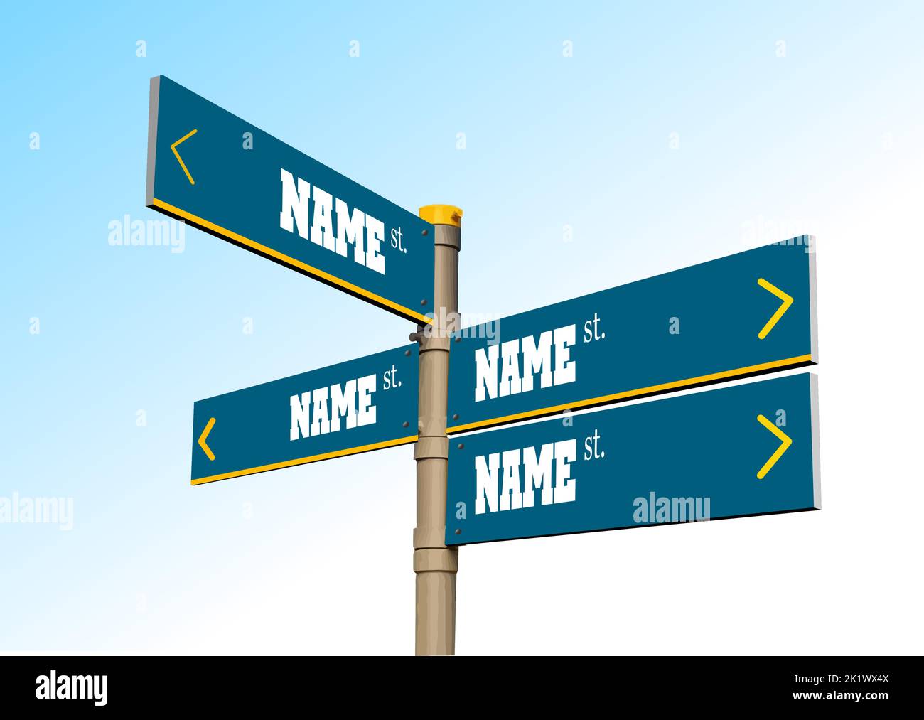 Street roadsign pointer with four arrows on blue sky background. 3d ...