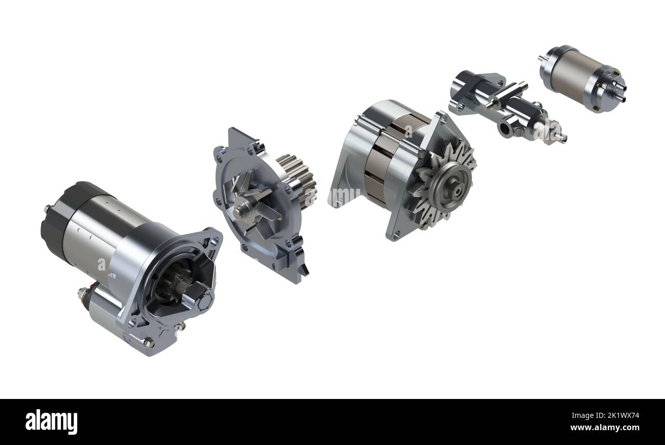Automotive electric spare parts 3D illustration isolated on white ...