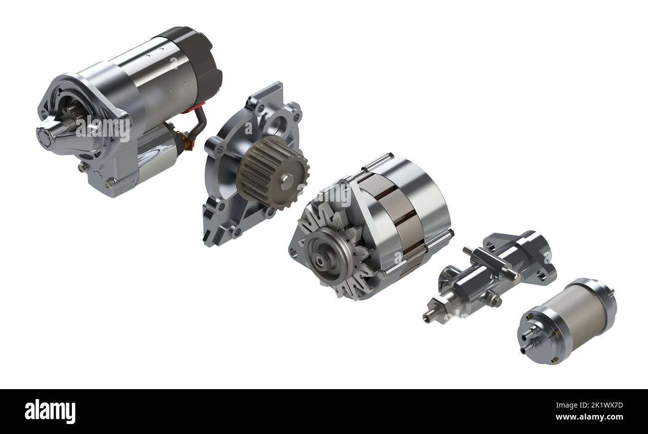 Automotive electric spare parts 3D illustration isolated on white ...