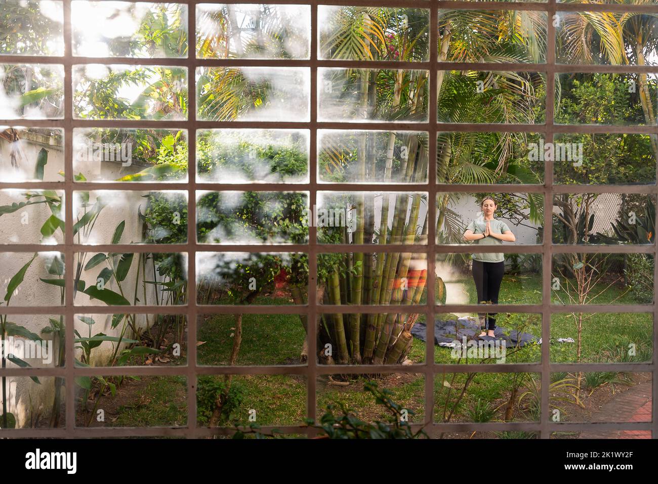 Woman practice yoga in the backyard surrounded by plants and trees ...