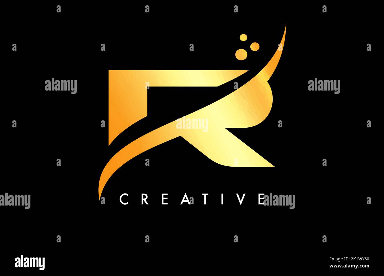 Golden R Letter Logo Design with Elegant Creative Swoosh and Dots ...