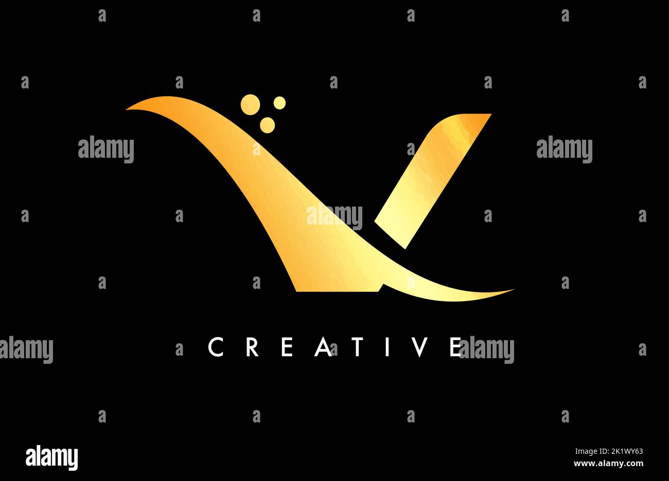 Golden V Letter Logo Design with Elegant Creative Swoosh and Dots ...