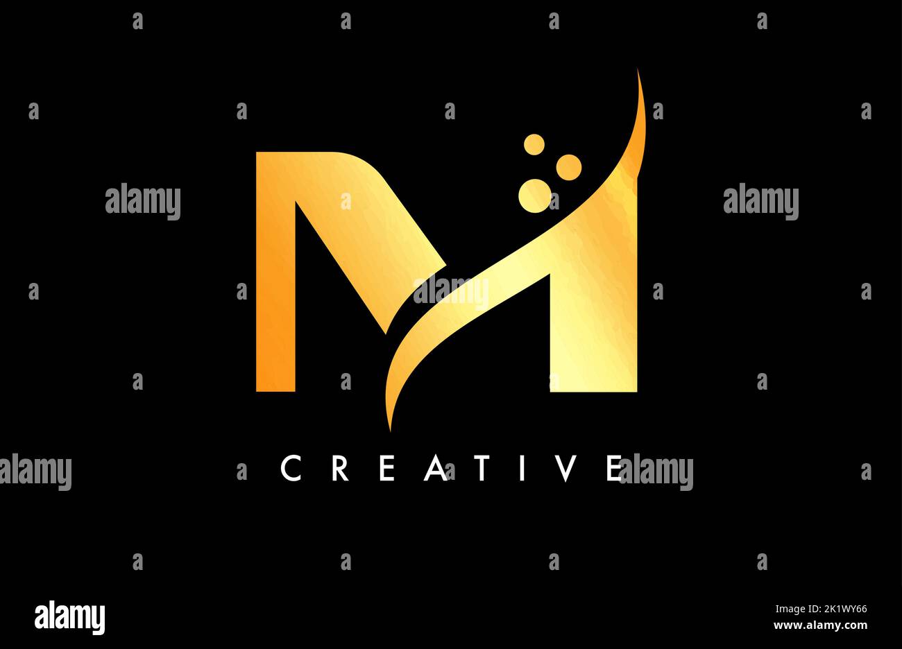 Golden M Letter Logo Design with Elegant Creative Swoosh and Dots ...
