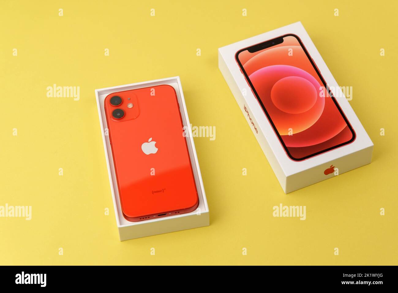 Tyumen, Russia-July 18, 2022: New Apple iPhone 12 Mini product red 5G ...