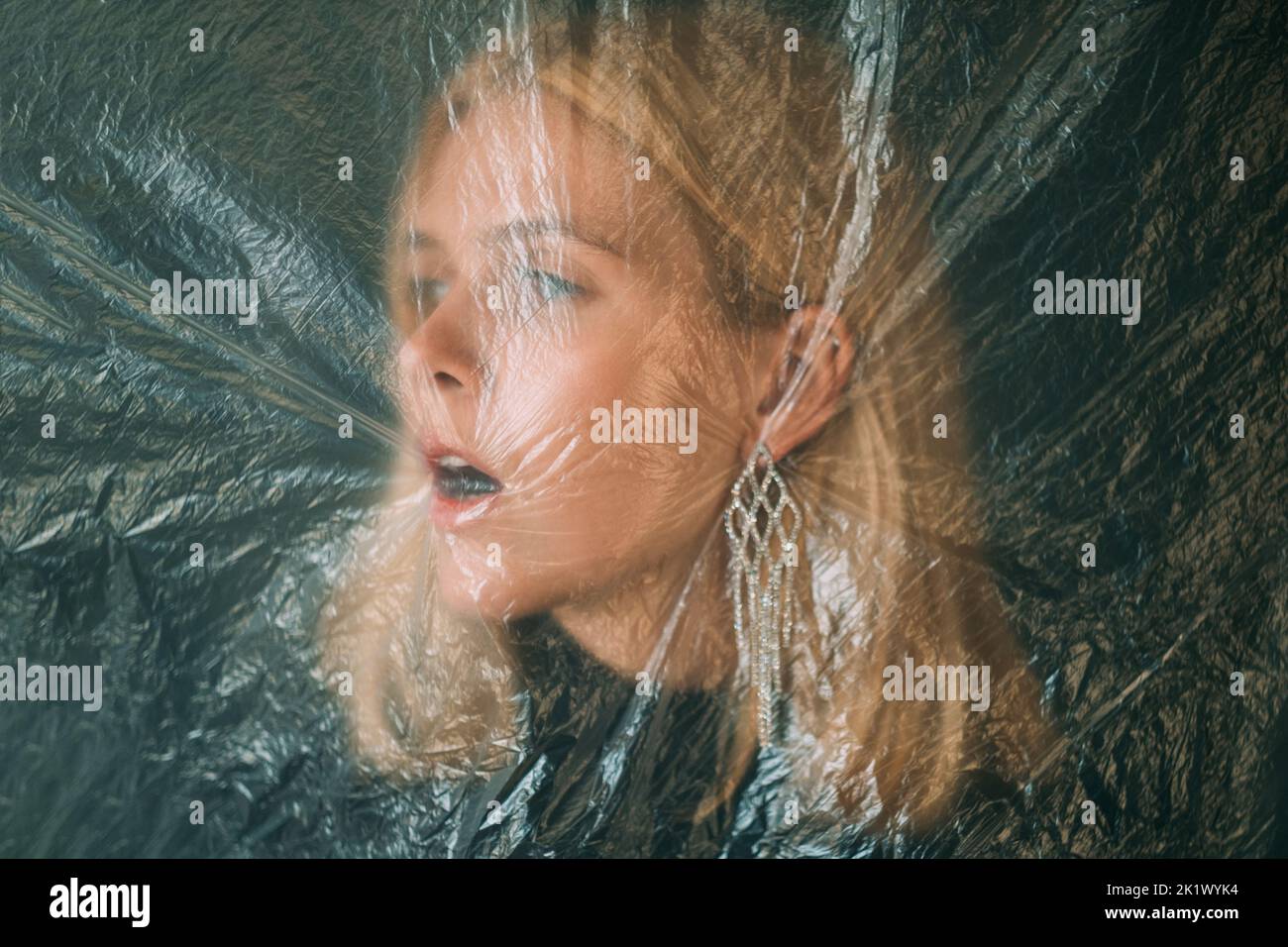 Female protection. Defocused art portrait. Social pressure. Anxious ...