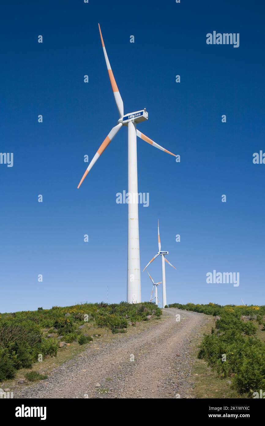 Line of three Vesta wind turbines at the wind farm on Paul da Serra in ...