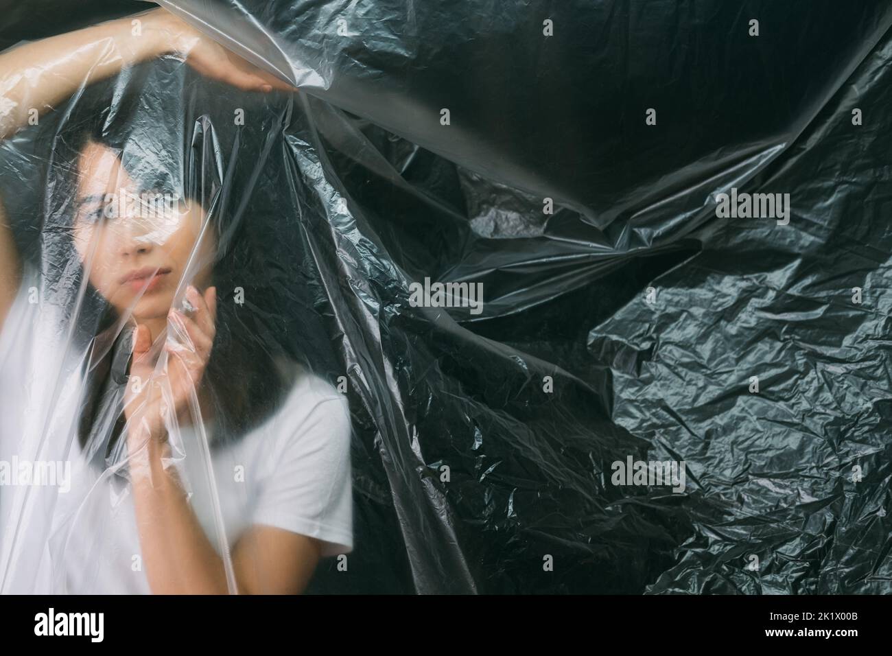 Female loneliness. Defocused portrait. Freedom protection. Disappointed ...