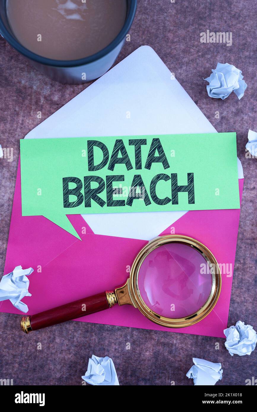 Writing displaying text Data Breach. Word for security incident where ...