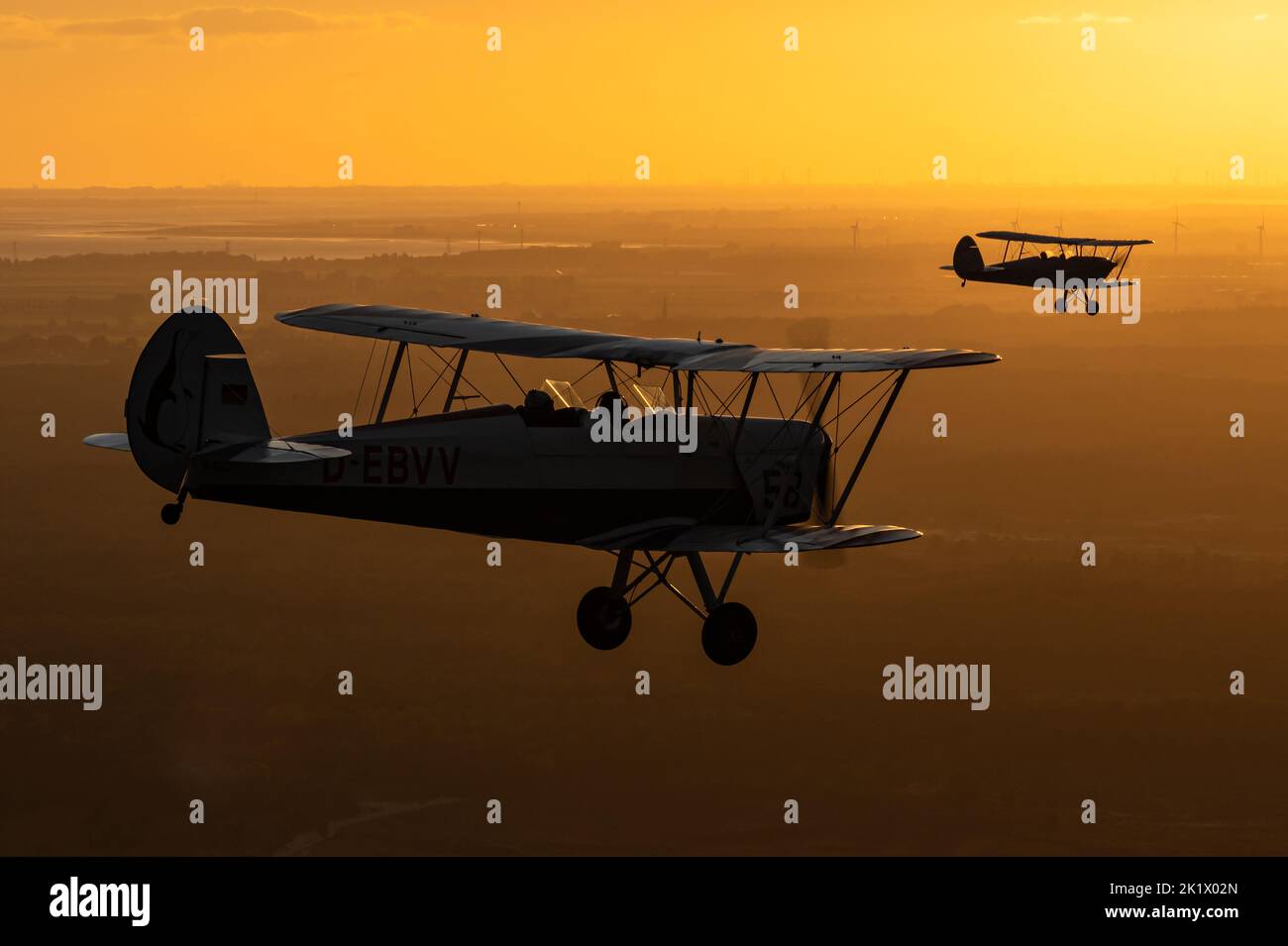 A Stampe-Vertongen SV.4 trainer biplane flying over Antwerp during a ...