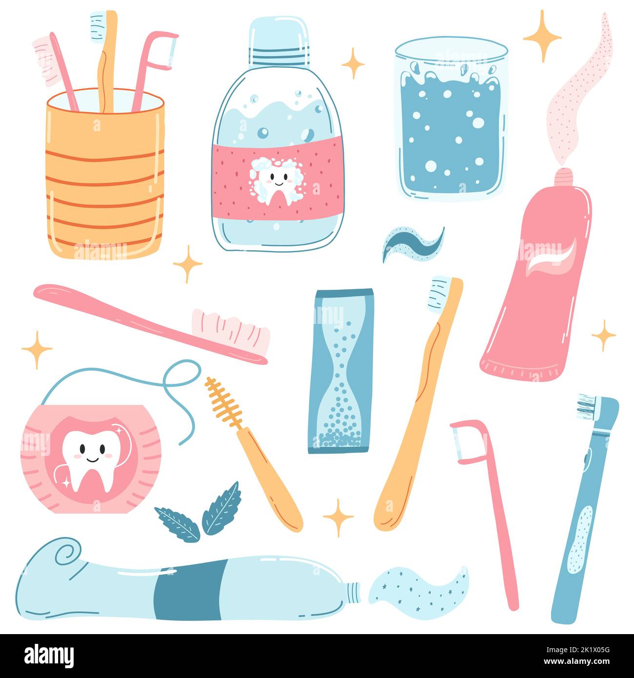 Hand drawn dental care items in cartoon flat style. Vector illustration ...
