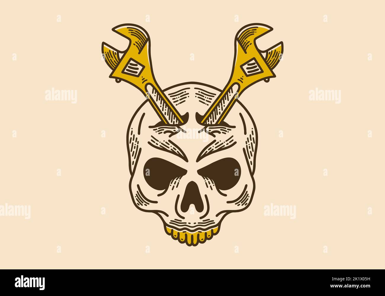 Wrench Tool On Skull Retro Vintage Line Art Design Stock Vector Image