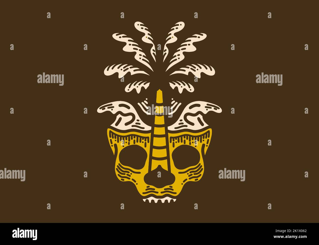 Skull, wave and coconut tree retro vintage line art design Stock Vector ...