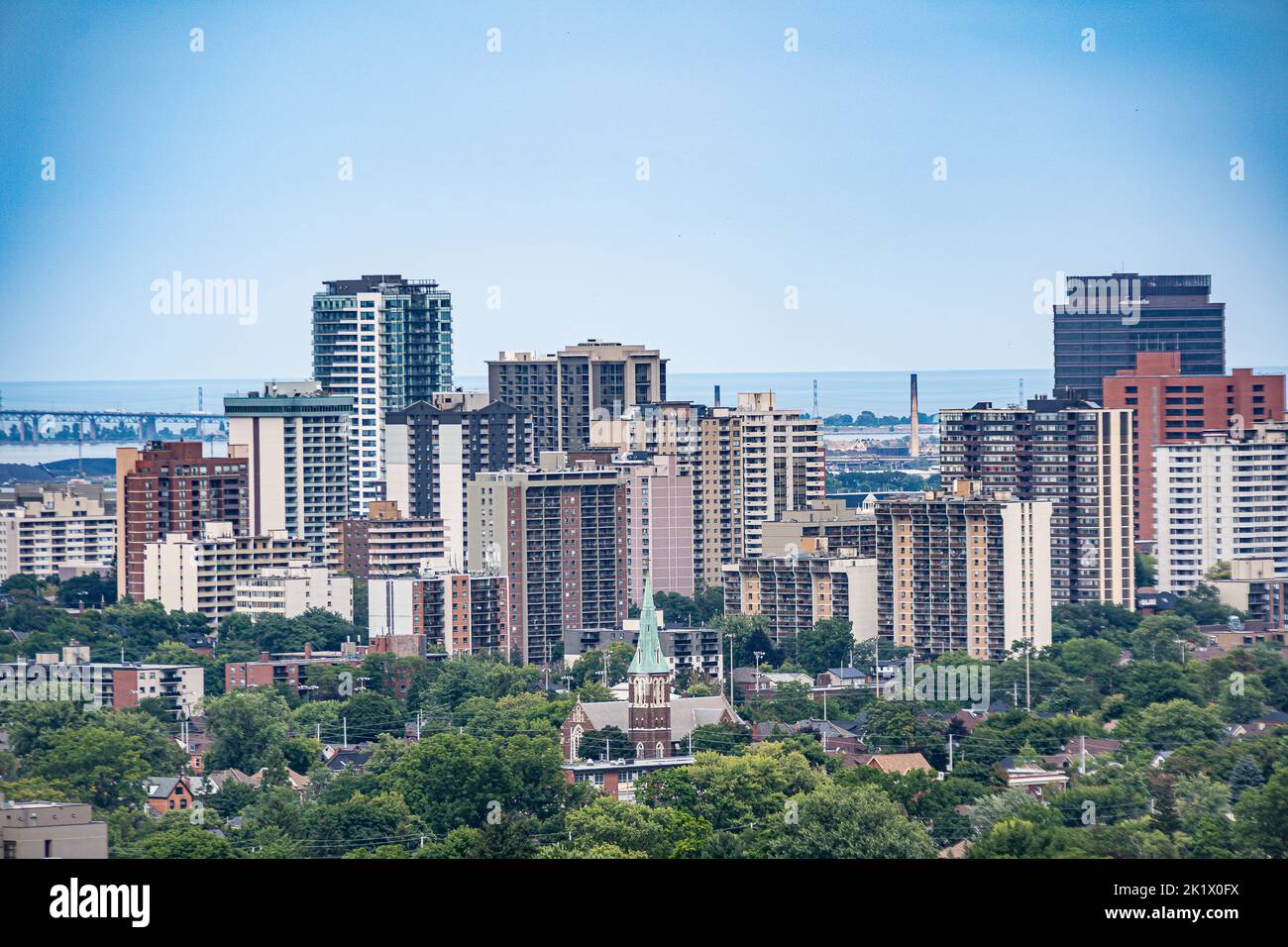An aerial view of Hamilton skyline in Canada with old buildings and ...