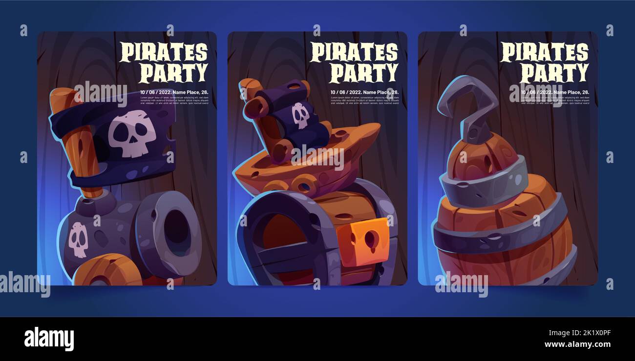Pirate party posters, invitation flyers with old wooden treasure chest ...