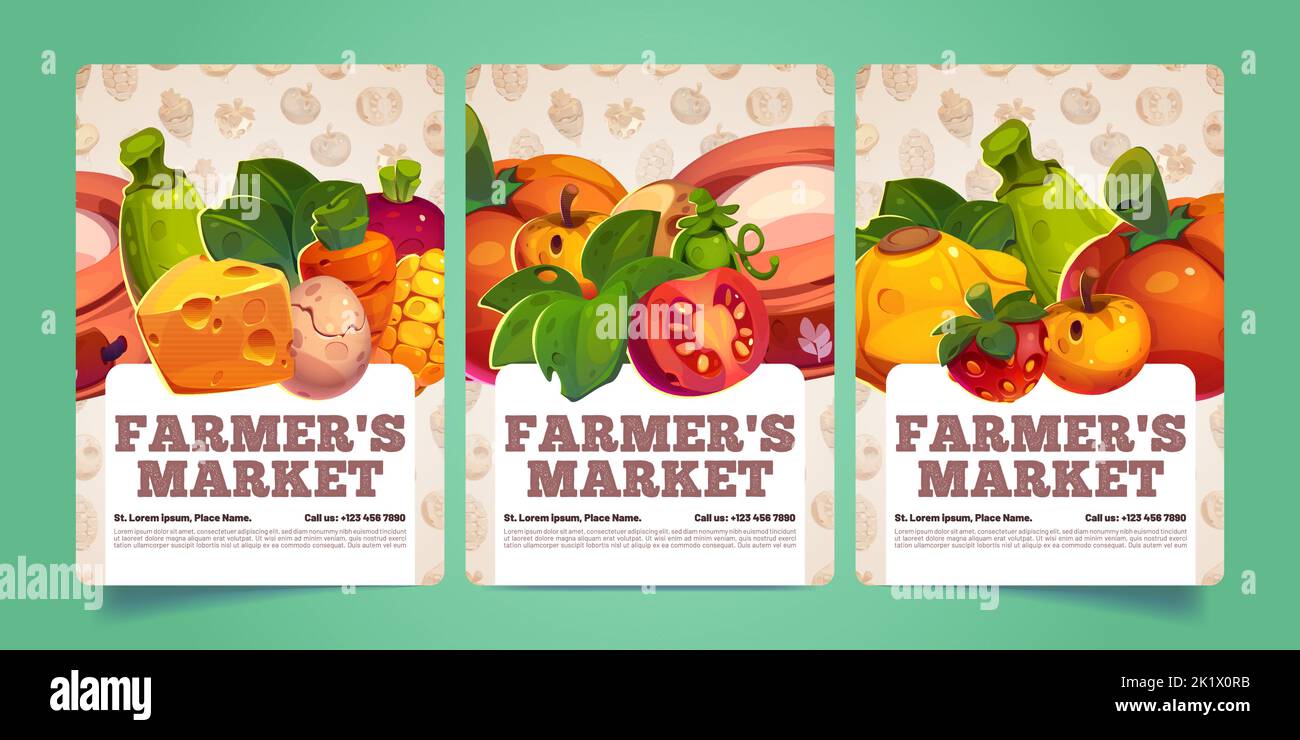 Farmers market posters with farm produce, vegetables, fruits, eggs and ...