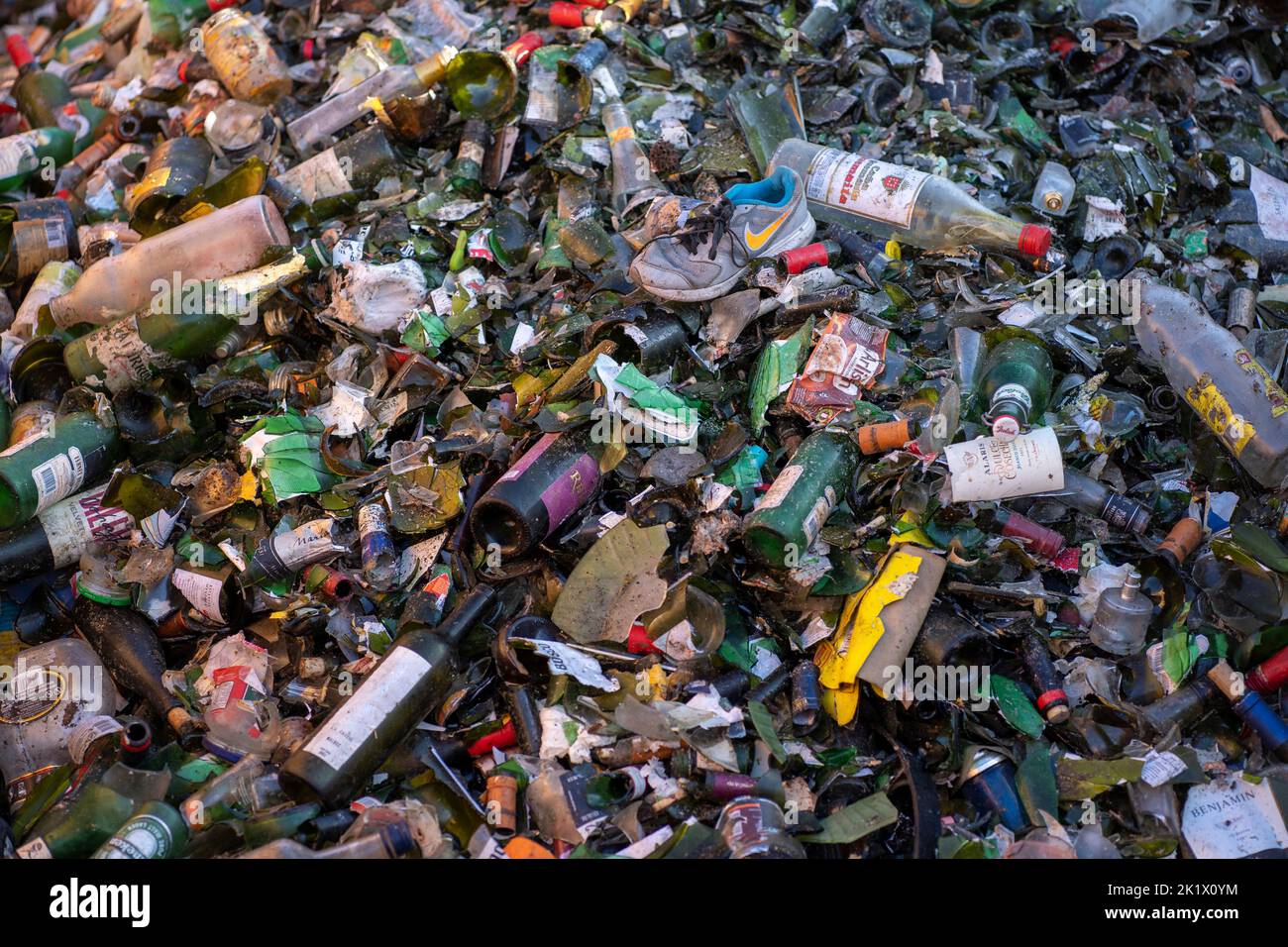 A closeup of disposed bottles in a waste processing plant in Firmat ...