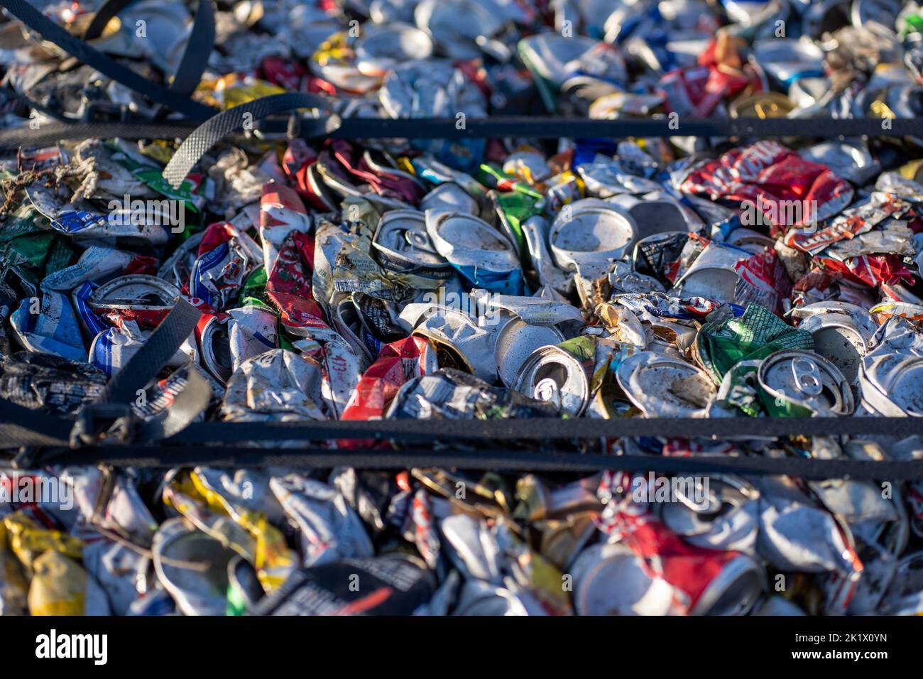 A closeup of packs of compressed aluminum cans for recycling, Argentina ...