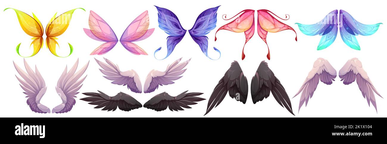 Different wings of fairy, butterfly, bird, angel with black and white ...