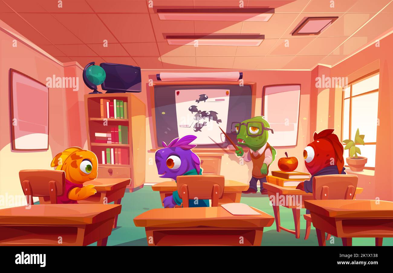 School of fish, funny students and teacher underwater animals during ...