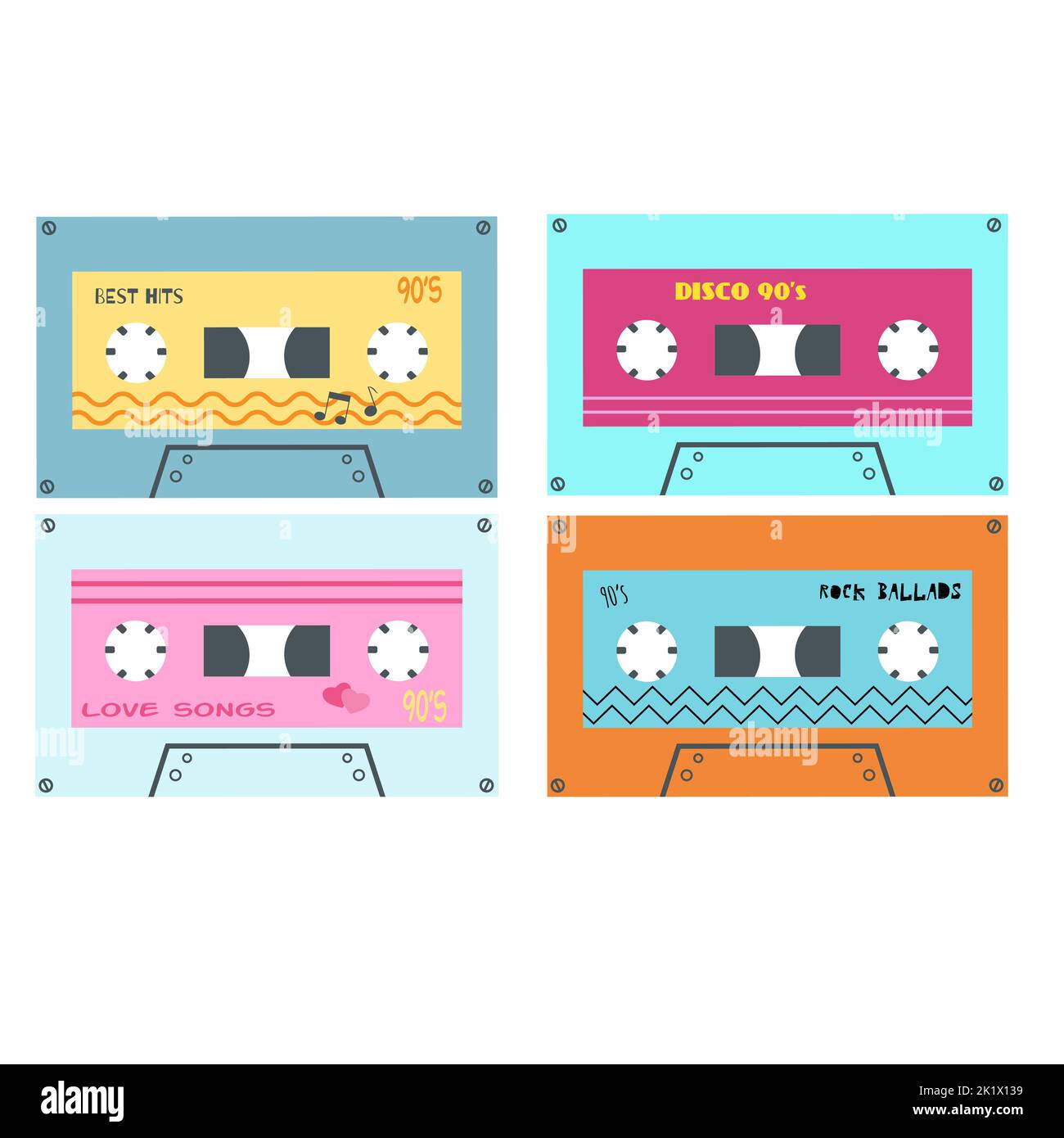 Retro cassette stickers in cartoon flat style. Vector illustration of ...