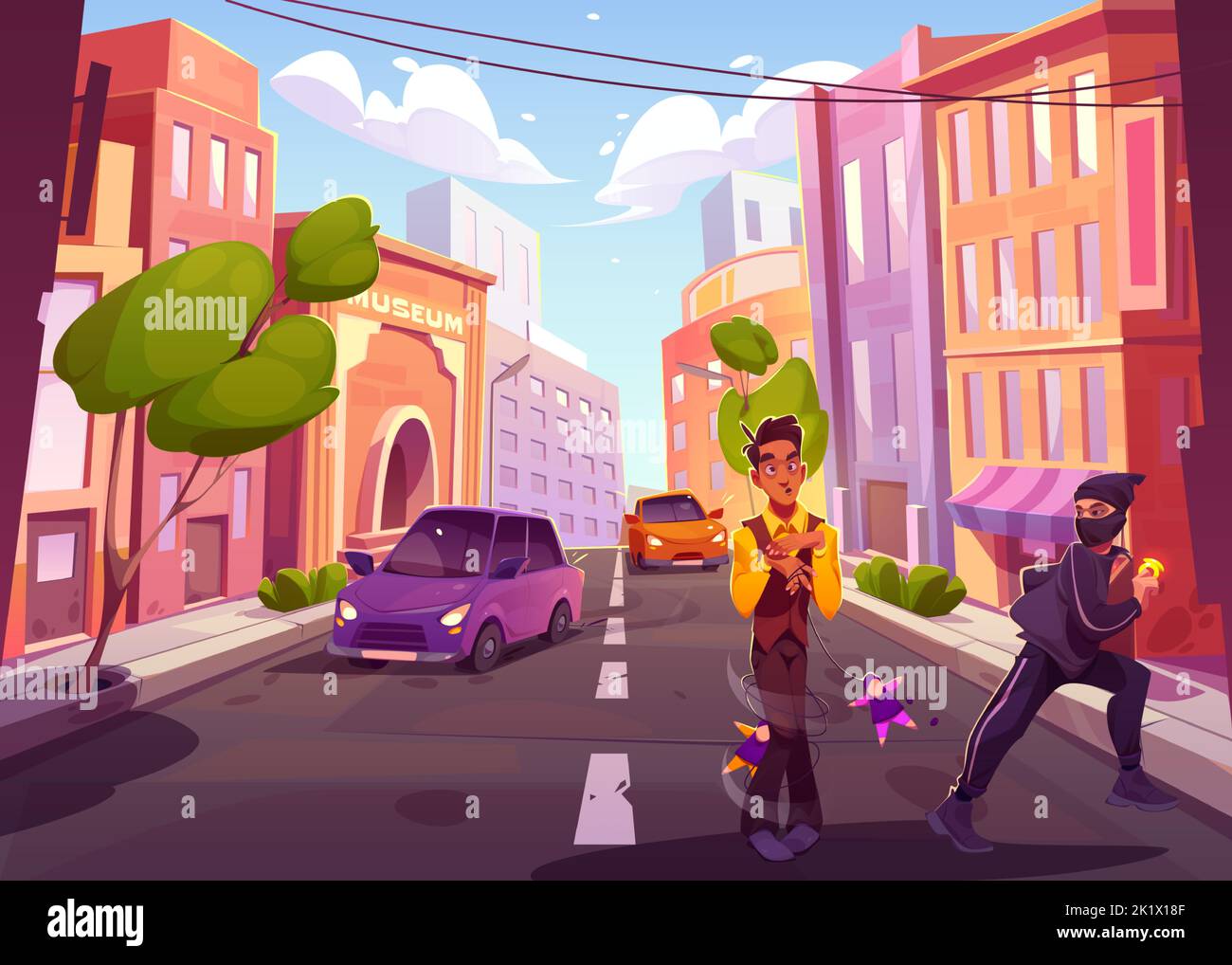 Street robbery cartoon vector illustration. Gangster in black outfit ...