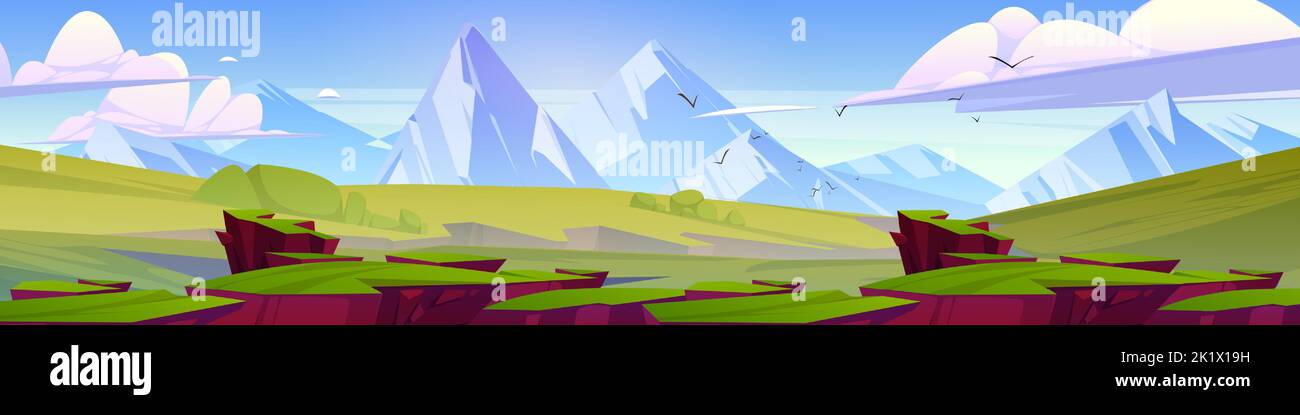 Cartoon nature landscape green valley with grass and rocks under blue ...