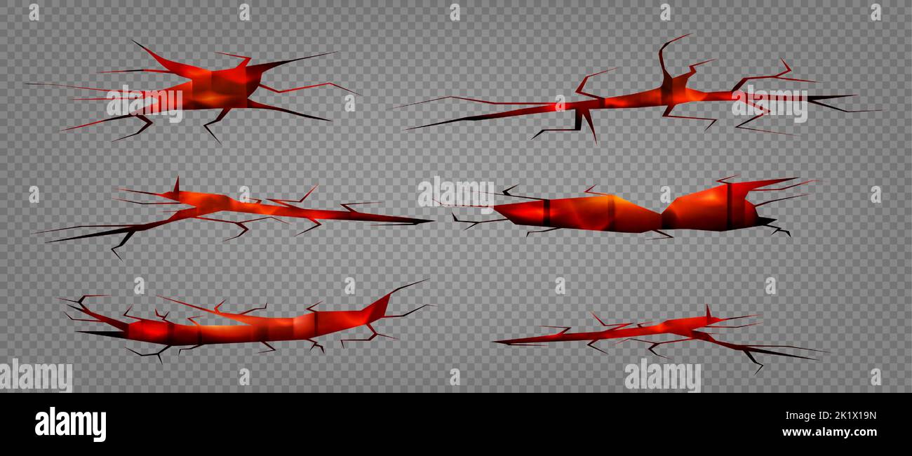 Lava in ground cracks, red volcano magma glow in cracking holes, ruined ...