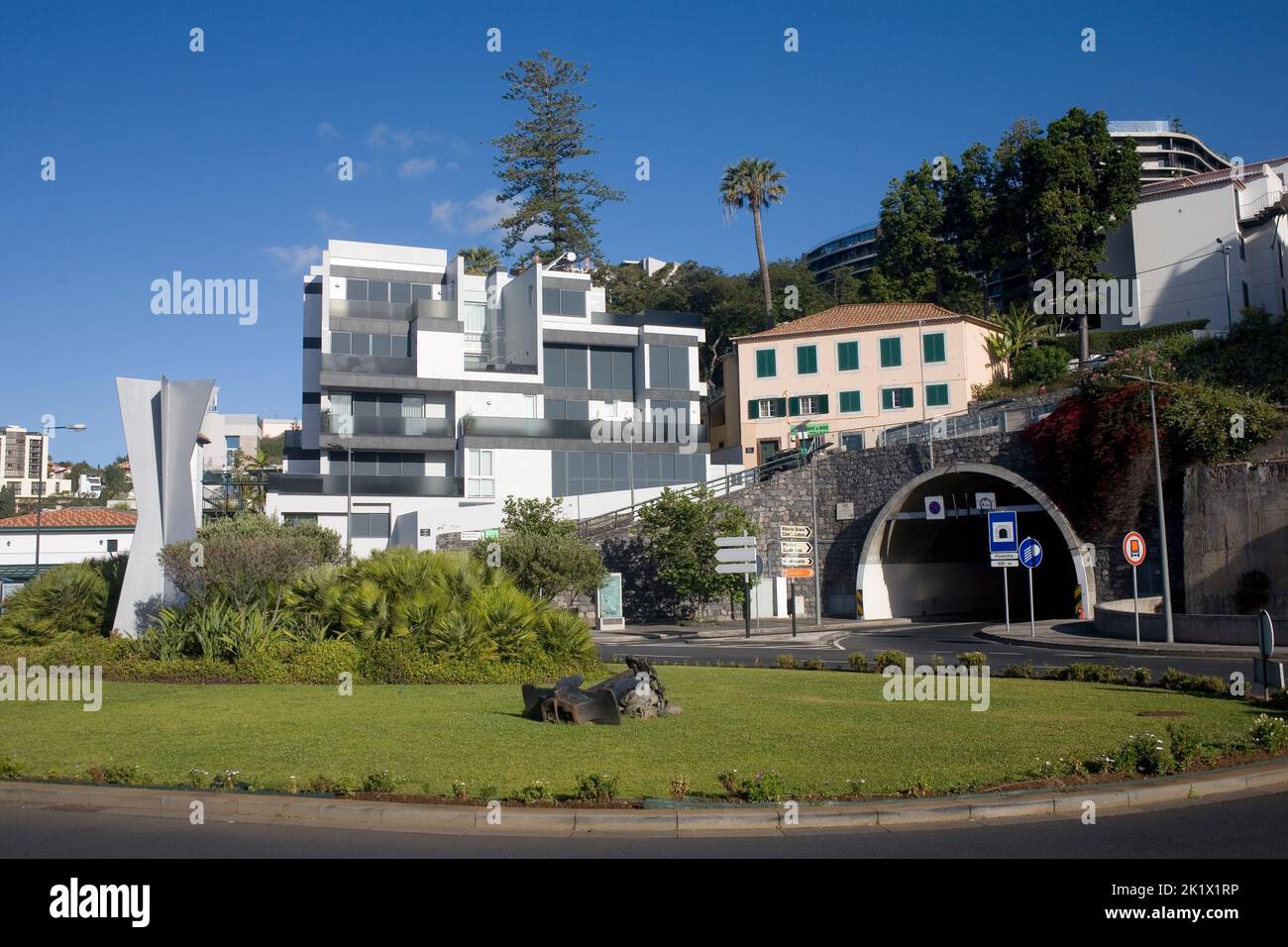 green roundabout in port area of Funchal Madeira with Pontinha tunnel ...