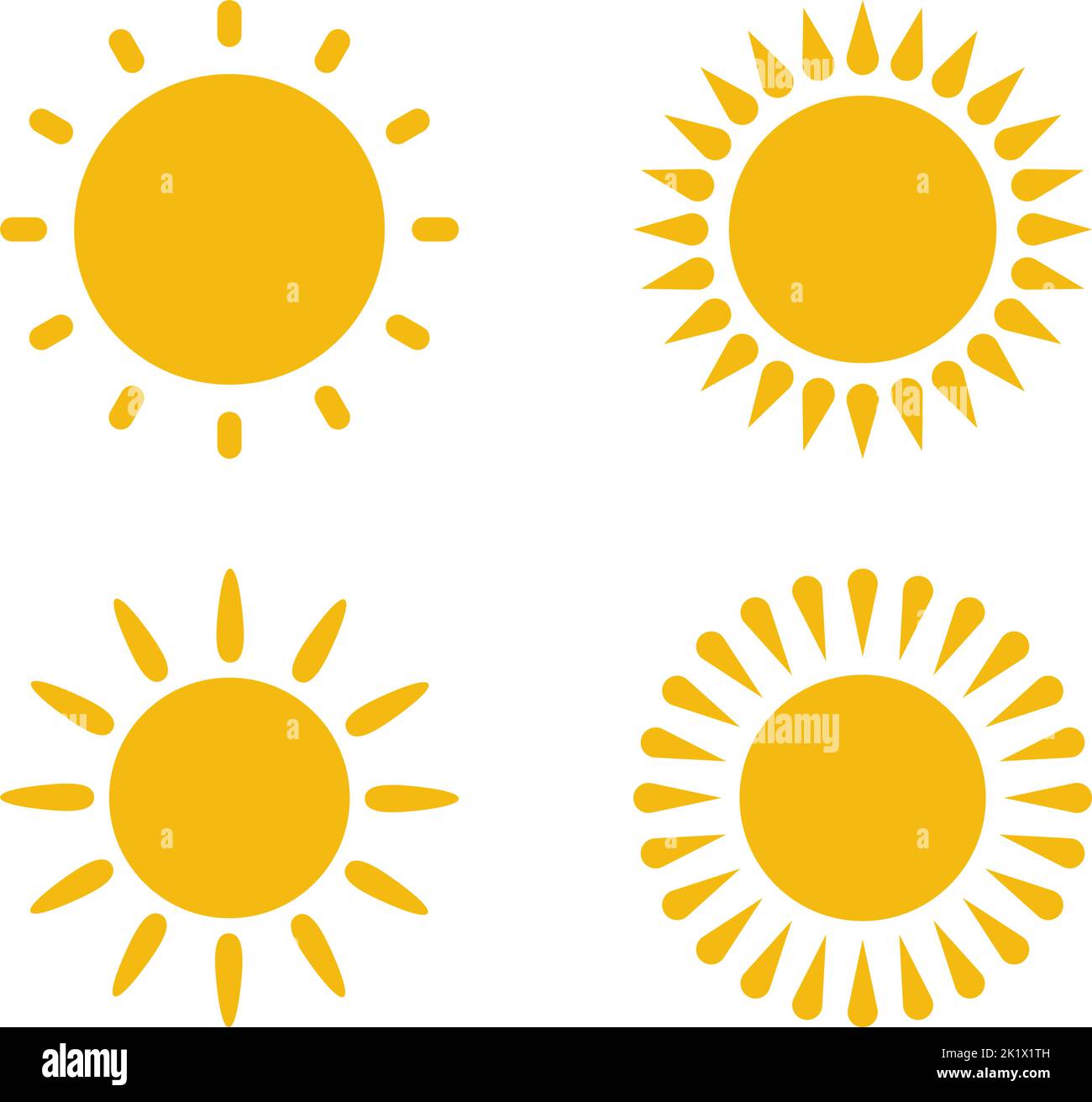Yellow flat sun with rays icons in various design. Sun silhouette icons ...