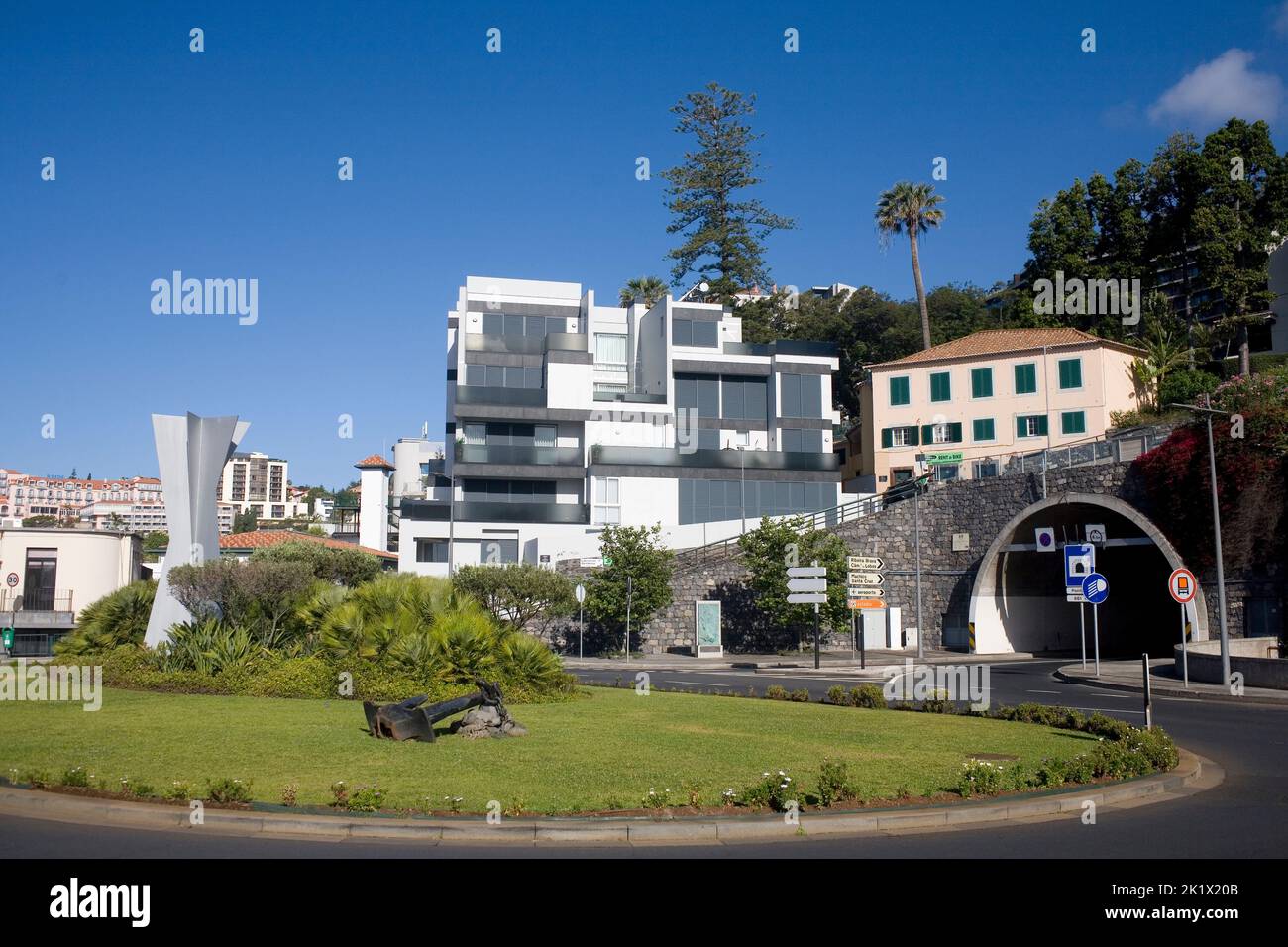 roundabout and entrance to Pontinha road tunnel in Funchal Madeira ...