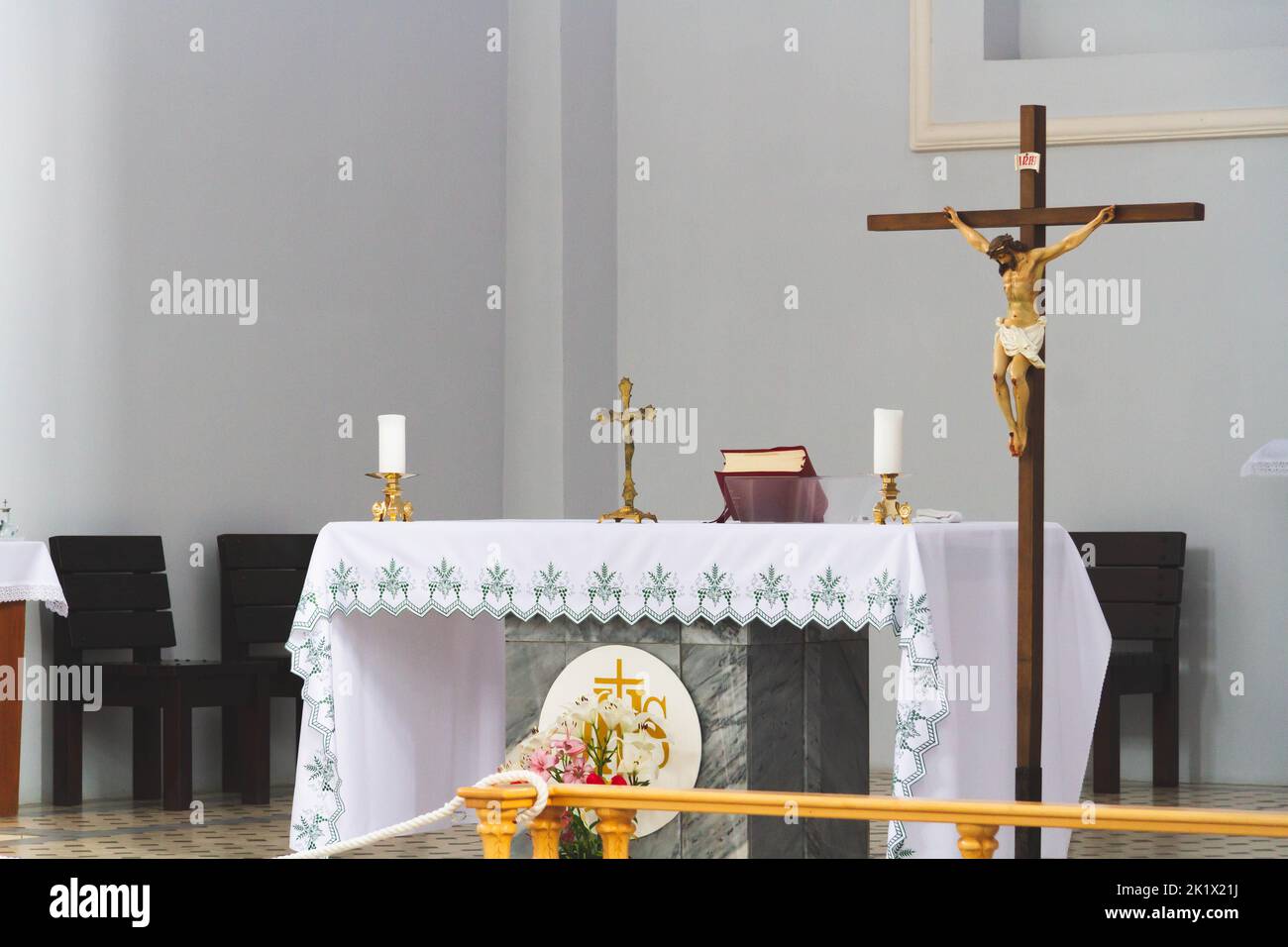 Inside the temple. Church attributes. Bible in the church. Vaults of ...