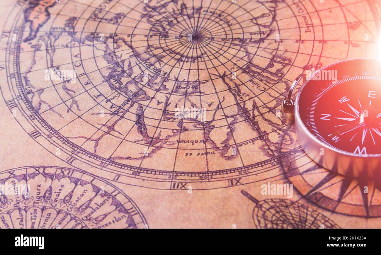 Looking for adventure. Compass and maps. Treasure map and path to the ...