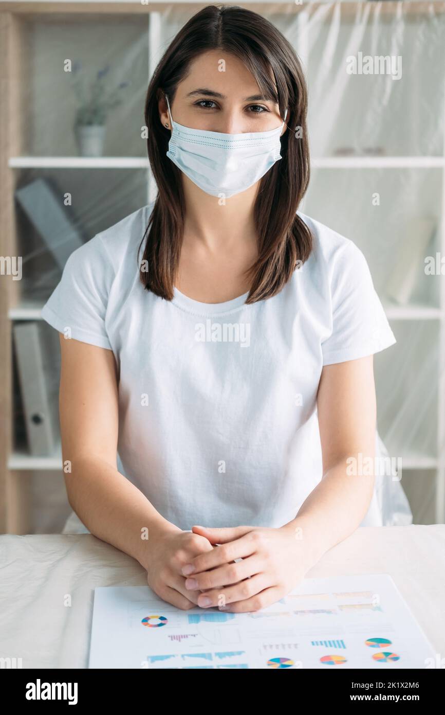 Office quarantine. Pandemic measures. Protection hygiene. Portrait of ...