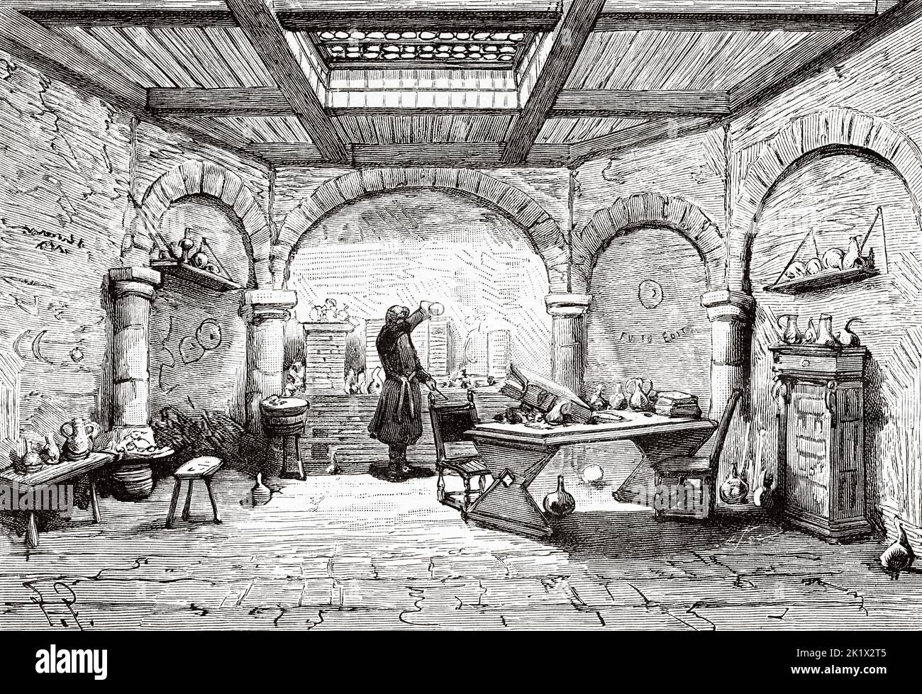 Chinese laboratory in 1638, China. Old 19th century engraved ...