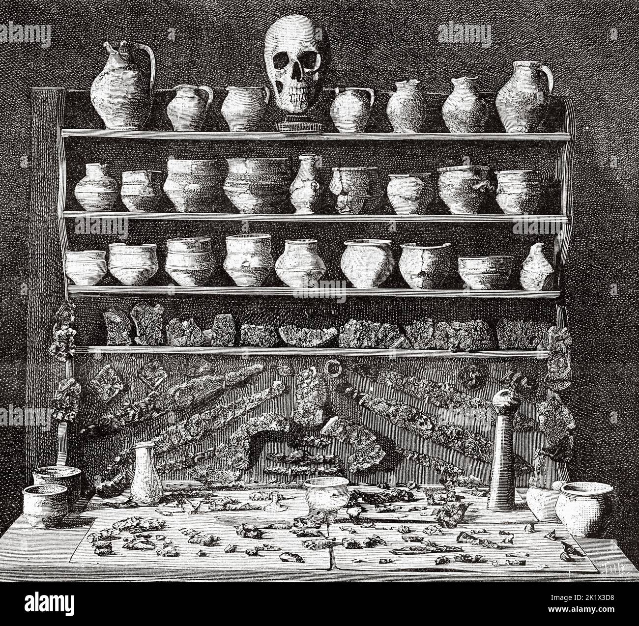 Pottery, glassware and various objects collected from the graves of the ...