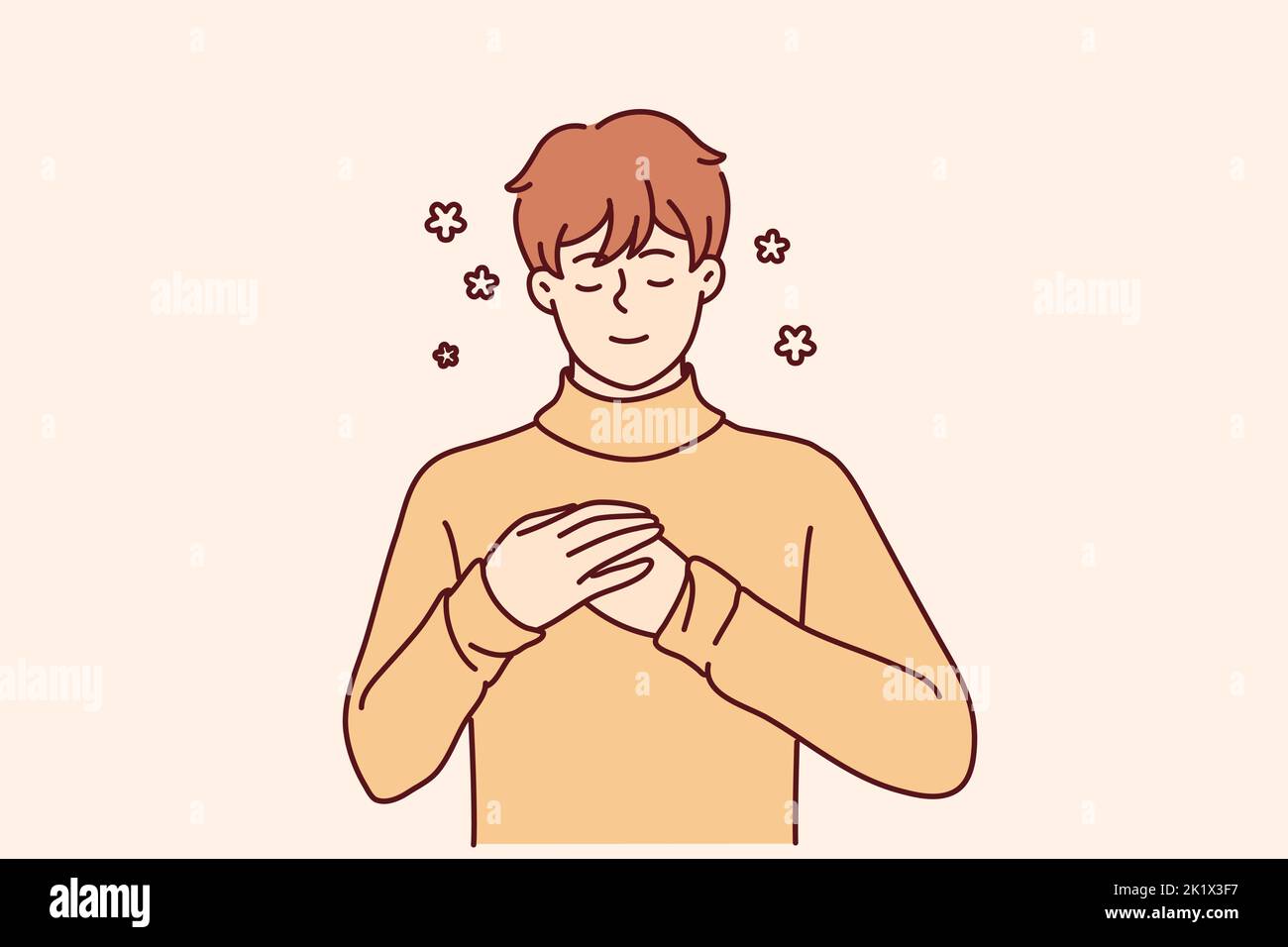 Happy young man with hands on chest feel positive and optimistic ...