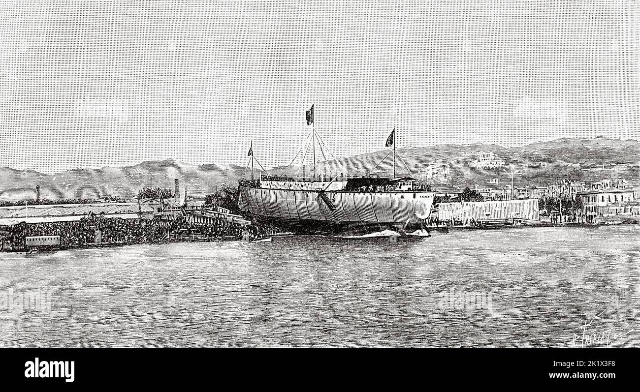Launch of the Italian battleship Sardegna at La Spezia, Italy. Old 19th ...