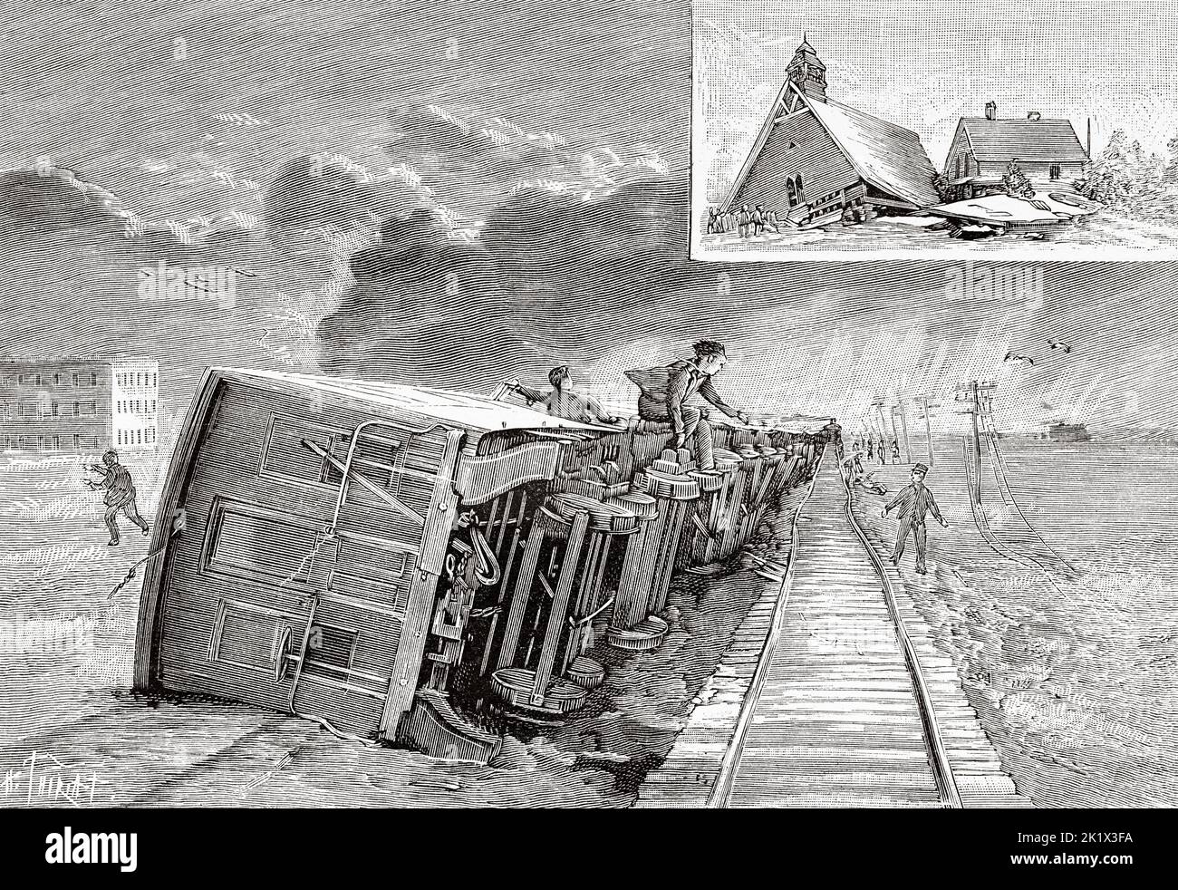 Railroad train overturned by a tornado near Fargo, Dakota in the United ...