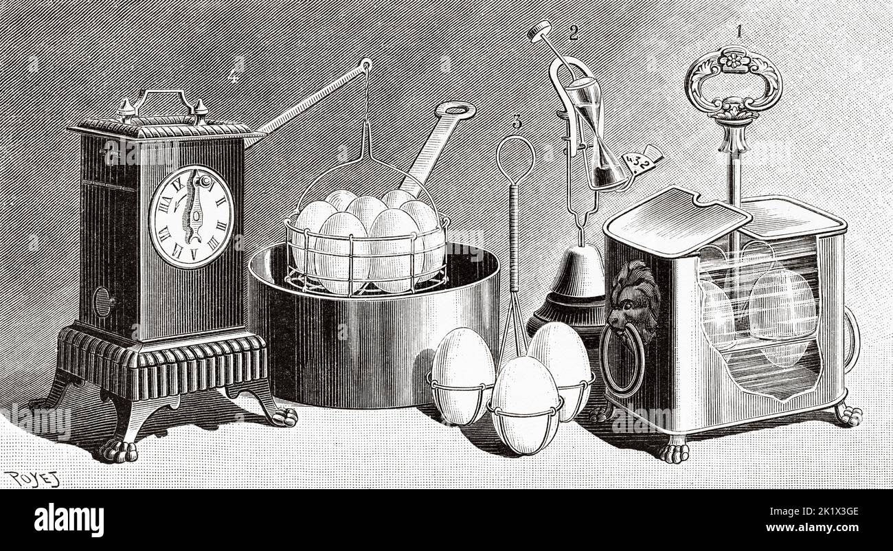 Appliances for boiling boiled eggs. Old 19th century engraved ...