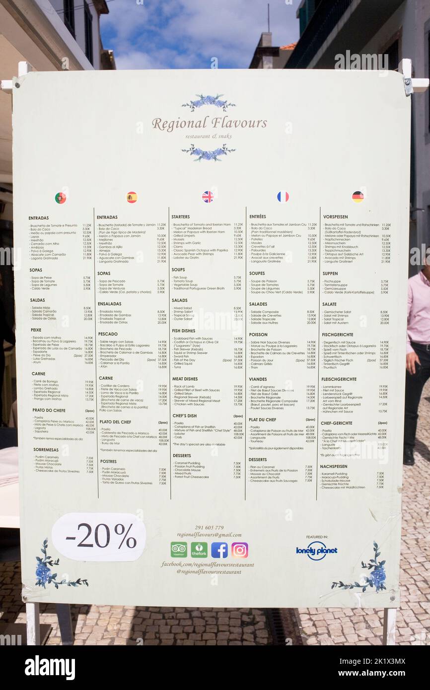 menu board of Regional Flavours restaurant in Funchal Madeira Stock ...