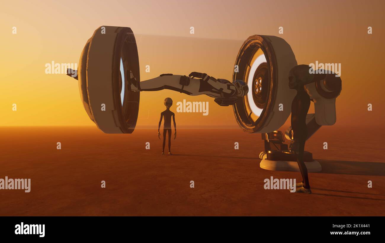 Alien encounter on Mars. Realistic 3D illustration showing martian ...