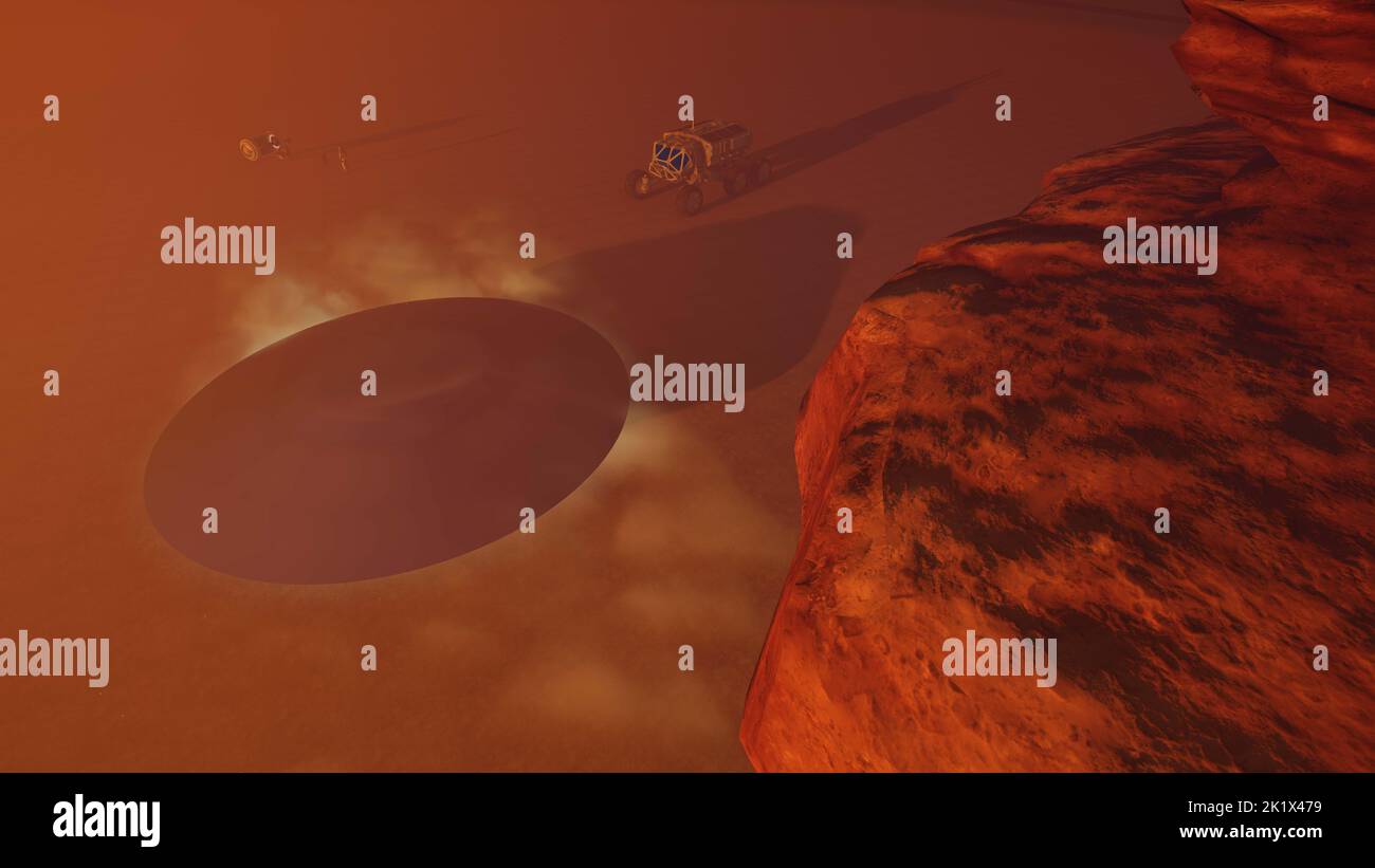 Alien encounter on Mars. Realistic 3D illustration showing martian ...